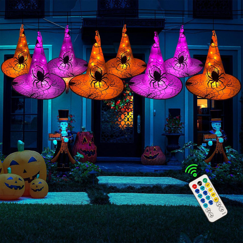 The Holiday Aisle Halloween Decorations 8 Pcs Lighted Hanging Witch Hats Remote Control With 8 Modes Light Up 14 FT Halloween String Lights For Indoor Outdoor Yard Lawn Graveyard Scenes Party Wayfair